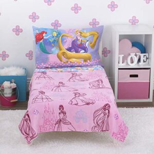 disney princess - friendship is a journey - 4piece toddler bed set - coral fleece toddler blanket, fitted bottom sheet, flat top sheet, standard size pillowcase, pink, yellow gold, icy blue, lavender