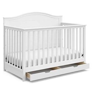 storkcraft moss 5-in-1 convertible crib with drawer (white) – greenguard gold certified, crib with drawer combo, includes full-size nursery storage drawer, converts to toddler bed and full-size bed