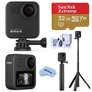 gopro max waterproof 360 camera 5.6k30 uhd video 16.6mp photos 1080p live streaming travel bundle with grip + tripod, 32gb microsd card, cleaning kit