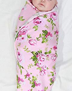 4 Pack Maternity Robe and Matching Baby Swaddle Blanket with Hat Headband Set, Stretchy Knitted Delivery Robe with Pockets and Swaddling Wrap for Mummy and Baby (Pink Flower)