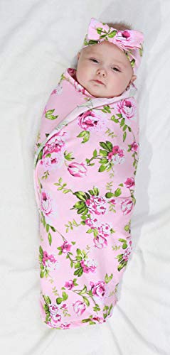 4 Pack Maternity Robe and Matching Baby Swaddle Blanket with Hat Headband Set, Stretchy Knitted Delivery Robe with Pockets and Swaddling Wrap for Mummy and Baby (Pink Flower)