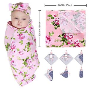 4 Pack Maternity Robe and Matching Baby Swaddle Blanket with Hat Headband Set, Stretchy Knitted Delivery Robe with Pockets and Swaddling Wrap for Mummy and Baby (Pink Flower)