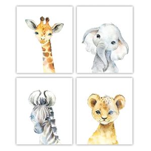 maria safari nursery decor, set of 4 unframed watercolor nursery wall art, jungle theme baby room decor, baby girls & boys nursery decor, woodland nursery decor, animal nursery decor (8 x10 inches)