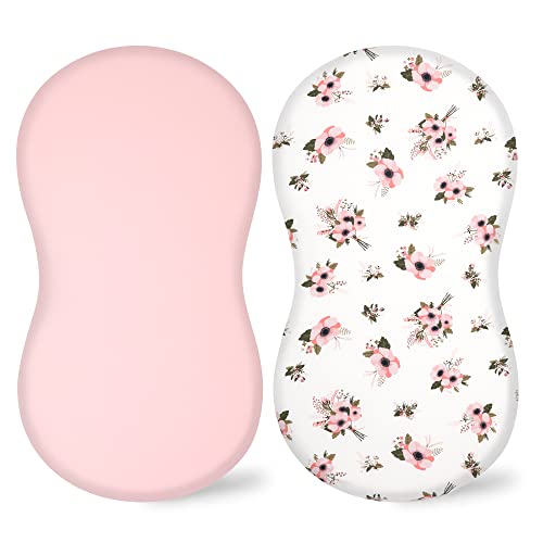 TILLYOU Cotton Fitted Bassinet Sheets for Baby Boy Girl, Fit for Halo Bassinet Swivel Sleeper, Adapt to Hourglass Bassinet Mattress Sheet, 31.5'' x 18'', 2 Pack Floral & Pink