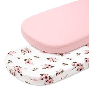 TILLYOU Cotton Fitted Bassinet Sheets for Baby Boy Girl, Fit for Halo Bassinet Swivel Sleeper, Adapt to Hourglass Bassinet Mattress Sheet, 31.5'' x 18'', 2 Pack Floral & Pink