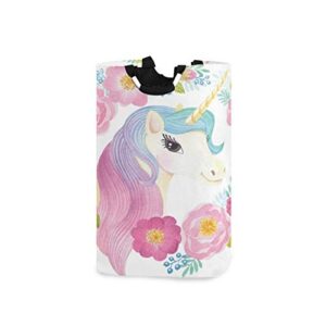 senya large storage basket collapsible organizer bin laundry hamper for nursery clothes toys, unicorn head in flowers