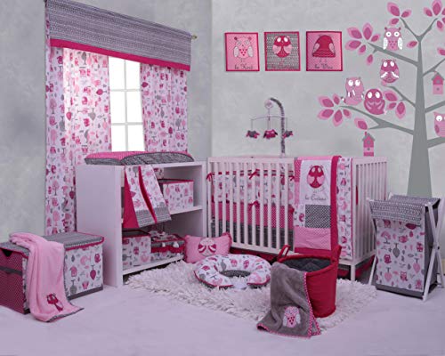 Bacati Owls Girls Cotton Hamper, Pink/Grey