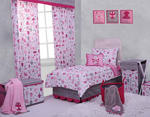 Bacati Owls Girls Cotton Hamper, Pink/Grey