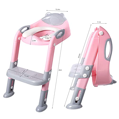 Potty Training Seat Ladder Girls, Toddlers Potty Chair Potty Seat, Kids Potty Training Toilet Seat with Ladder Fedicelly (Gray/Pink)