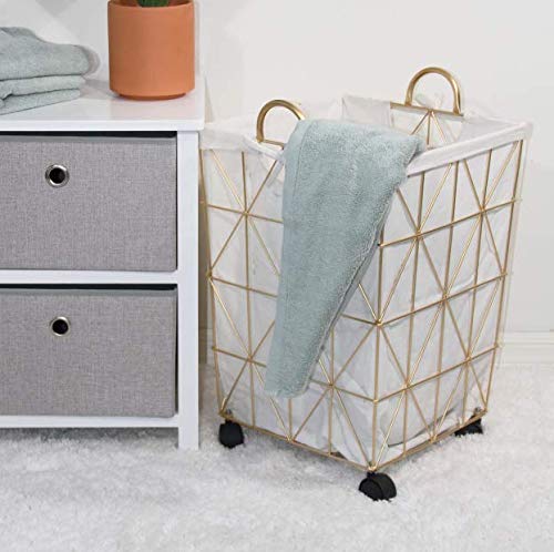 Mainstays Square Symmetrical Metal Hamper in Gold Features Carry Handles, Removable Liner & Wheels