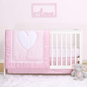 the peanutshell hearts crib bedding set for baby girls | 3 piece pink & white nursery set | baby quilt, crib sheet, and dust ruffle