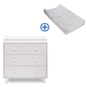 delta children ava 3 drawer dresser with changing top, white and contoured changing pad, white