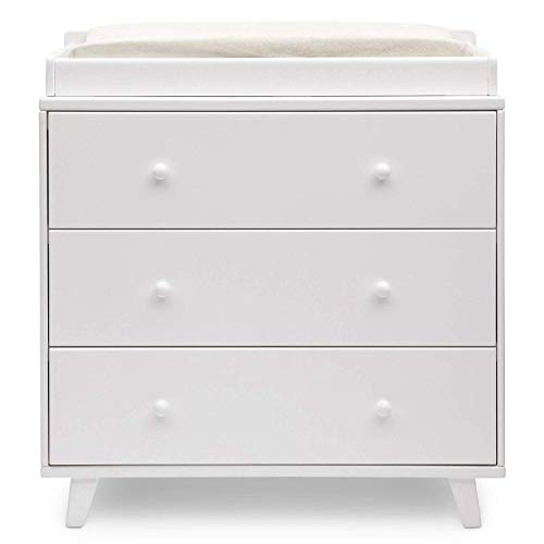 Delta Children Ava 3 Drawer Dresser with Changing Top, White and Contoured Changing Pad, White