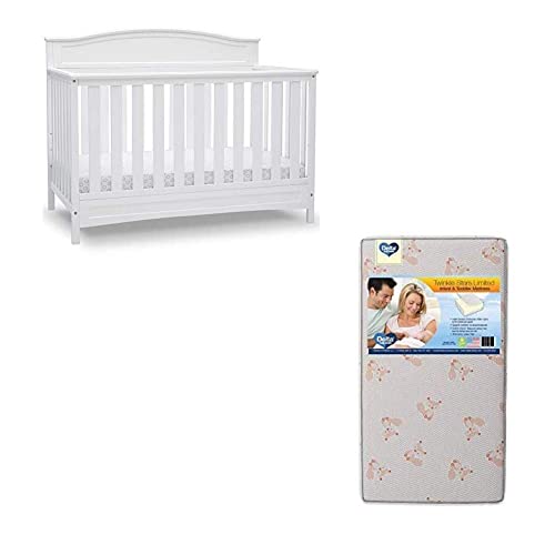 Delta Children Emery Deluxe 6-in-1 Convertible Crib, Bianca WhiteTwinkle Stars Limited Fiber Core Crib and Toddler Mattress