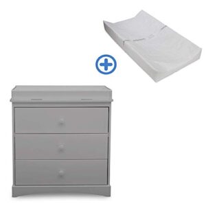 delta children sutton 3 drawer dresser with changing top, grey and contoured changing pad, white