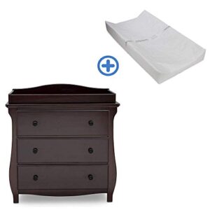 delta children lancaster 3 drawer dresser with changing top, dark chocolate and contoured changing pad, white