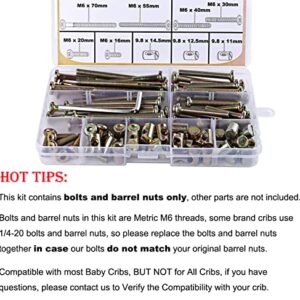 Crib Screws and Bolts Replacement Hardware Kit - Baby Bed Screws 85mm 75mm 70mm 55mm 50mm 45mm 40mm 30mm 20mm 16mm M6 Replacement Bolts Barrel Nuts for Baby Toddler Bed Crib Furniture