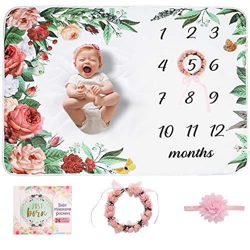 Baby Monthly Milestone Blanket | Floral Monthly Milestone Stickers, Premium Floral Wreath & Headband | Extra Soft Fleece Baby Photo Blankets for Newborn 1-12 Months for Girl and Boy