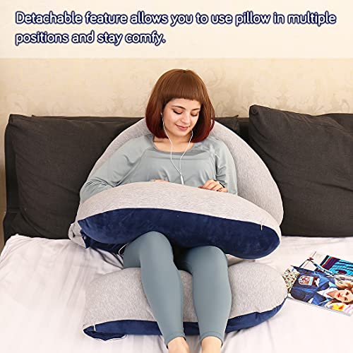 MOON PINE 60 inch Pregnancy Pillow, Detachable U Shape Full Body Pillow for Maternity Support, Sleeping Pillow for Pregnant Women (Grey&Blue-Velvet&Jersey)