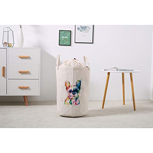 LifeCustomize Large Laundry Basket Hamper French Bulldog Collapsible Drawstring Round Clothing Storage Baskets Nursery Baby Toy Organizer