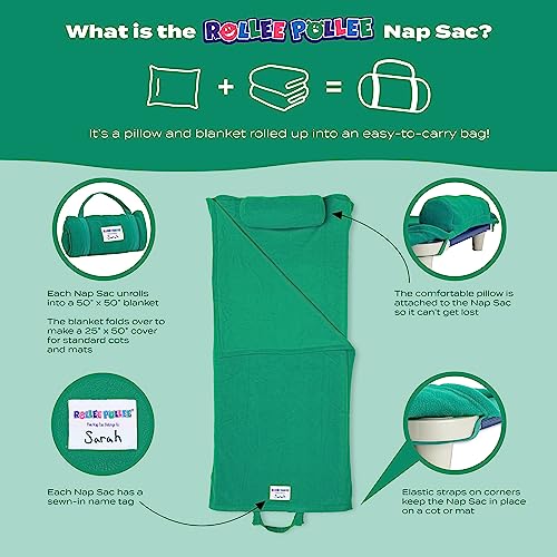 ROLLEE POLLEE Nap Sac Roll Up Napping Blanket with Attached Pillow for Preschool/Daycare, Super Soft with Elastic Straps, Fits Most Mats and Cots (Green)