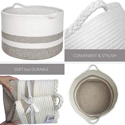 Cotton Rope Basket for Living Room Blanket Storage - Kids Playroom Storage Organizer - Woven Nursery Laundry Basket for Clothes, Bathroom Towels, Toys - Home Decorations Bins - Extra Large 20"D x 13"H