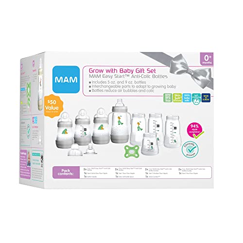 MAM Grow with Baby 15-Piece Gift Set, Newborn 0-4 Months, Anti-Colic Bottles and Silicone Nipples SkinSoft, Essential Baby Items, Unisex