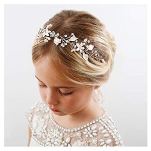 sweetv flower girl headpiece silver princess wedding headband -baby girls flower pearl hair accessories for birthday party, photography