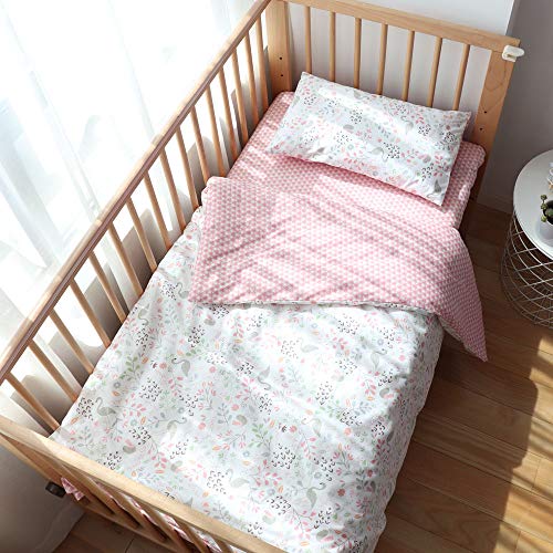 Emenpy 100% Cotton Crib Bedding Set for Infant Boys Girls,3 Pcs Baby Bed Linen Include Duvet Cover,Fitted Sheet,Pillowcase,Nursery Decoration,No Filler(Pink)