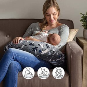 Boppy Original Support Nursing Pillow, Gray Dinosaurs, Ergonomic Breastfeeding, Bottle Feeding, and Bonding, Firm Hypoallergenic Fiber Fill, Removable Cover, Machine Washable