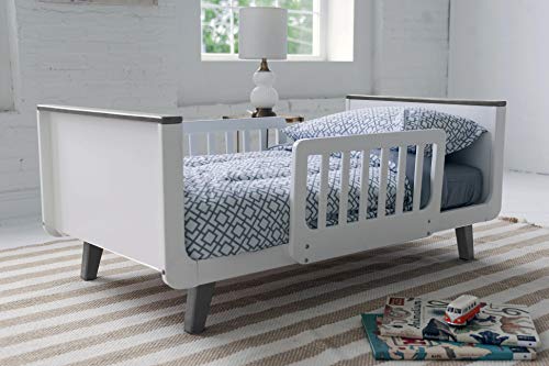 Little Partners Wooden Toddler Bed with Rails for Boys or Girls - Modern White and Grey Transition Bed