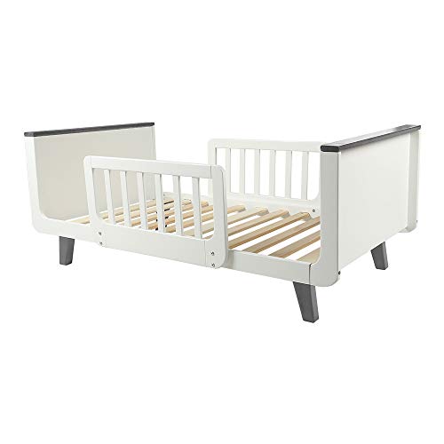 Little Partners Wooden Toddler Bed with Rails for Boys or Girls - Modern White and Grey Transition Bed