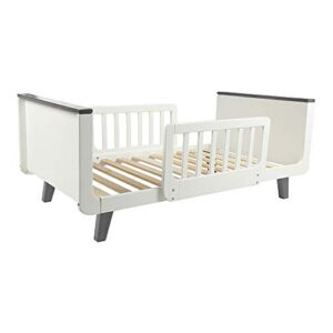 Little Partners Wooden Toddler Bed with Rails for Boys or Girls - Modern White and Grey Transition Bed