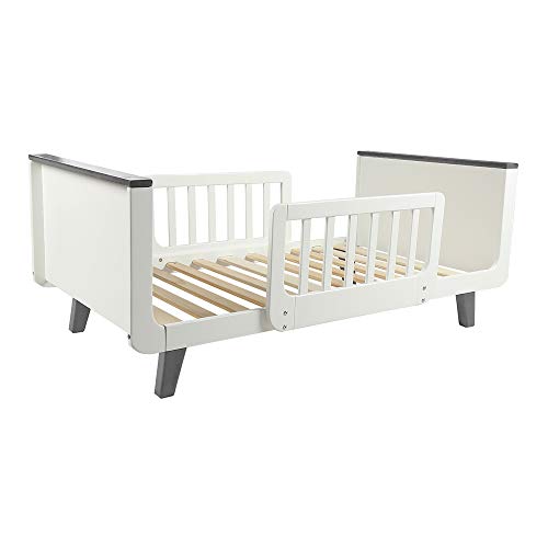 Little Partners Wooden Toddler Bed with Rails for Boys or Girls - Modern White and Grey Transition Bed