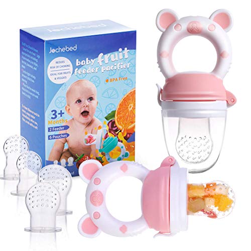 Baby Fruit Food Feeder Pacifier - Fresh Food Feeder, Infant Fruit Teething Teether Toy for 3-24 Months, 6 Pcs Silicone Pouches for Toddlers & Kids & Babies, 2-Pack (Light Pink)