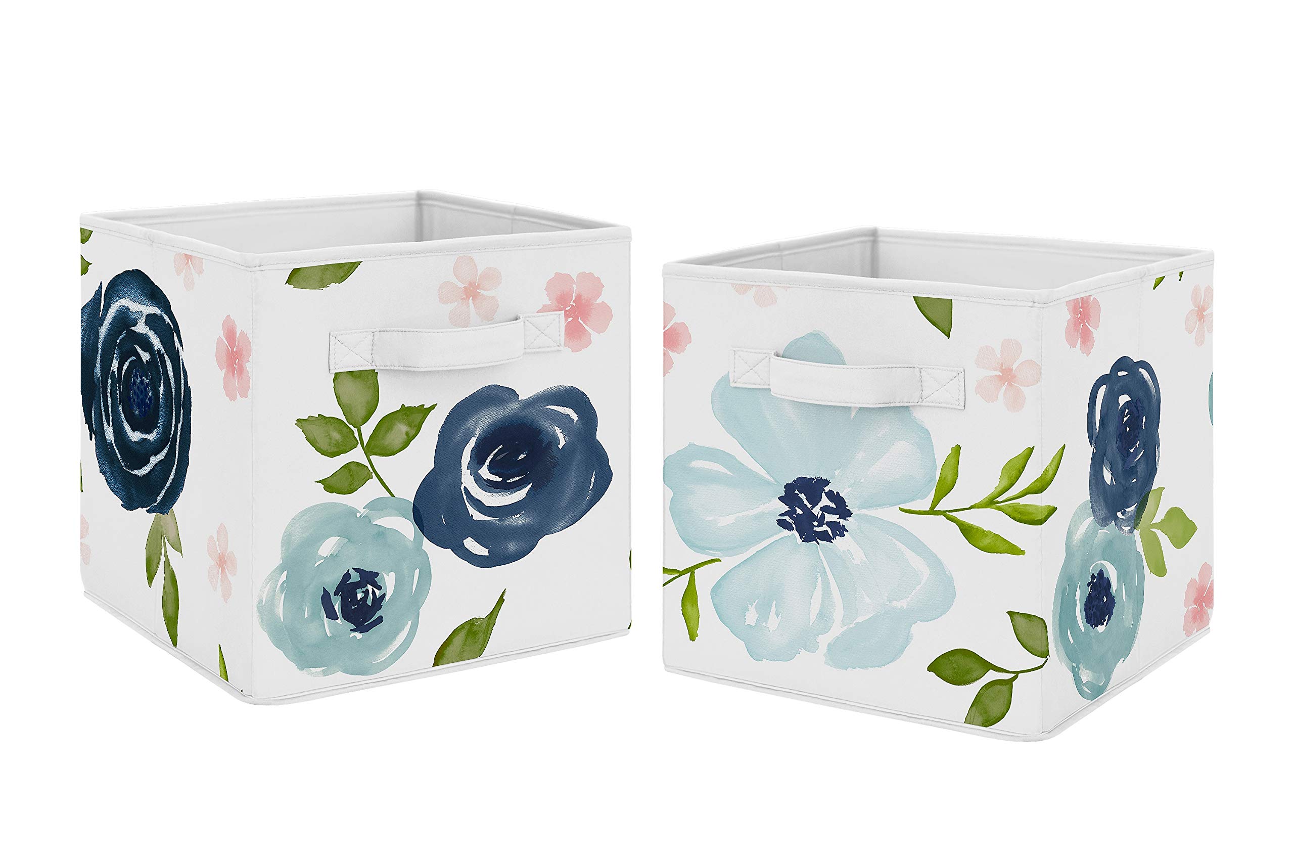 Sweet Jojo Designs Navy Blue and Pink Watercolor Floral Foldable Fabric Storage Cube Bins Boxes Organizer Toys Kids Baby Childrens - Set of 2 - Blush, Green and White Shabby Chic Rose Flower