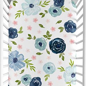 Sweet Jojo Designs Navy Blue and Pink Watercolor Floral Girl Fitted Crib Sheet Baby or Toddler Bed Nursery - Blush, Green and White Shabby Chic Rose Flower