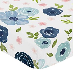 Sweet Jojo Designs Navy Blue and Pink Watercolor Floral Girl Fitted Crib Sheet Baby or Toddler Bed Nursery - Blush, Green and White Shabby Chic Rose Flower