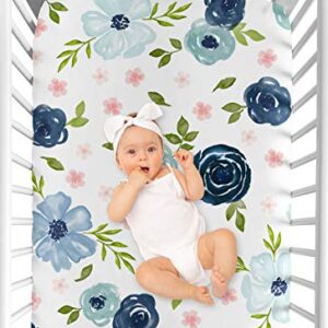 Sweet Jojo Designs Navy Blue and Pink Watercolor Floral Girl Fitted Crib Sheet Baby or Toddler Bed Nursery - Blush, Green and White Shabby Chic Rose Flower