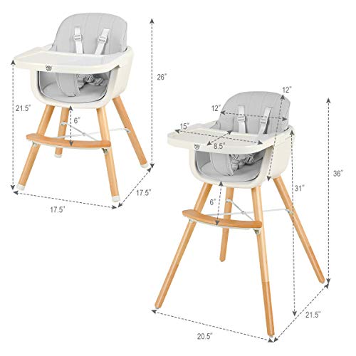 BABY JOY Convertible Baby High Chair, 3 in 1 Wooden Highchair/Booster/Chair with Removable Tray, Adjustable Legs, 5-Point Harness, PU Cushion and Footrest for Baby, Infants, Toddlers (Gray)