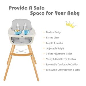 BABY JOY Convertible Baby High Chair, 3 in 1 Wooden Highchair/Booster/Chair with Removable Tray, Adjustable Legs, 5-Point Harness, PU Cushion and Footrest for Baby, Infants, Toddlers (Gray)