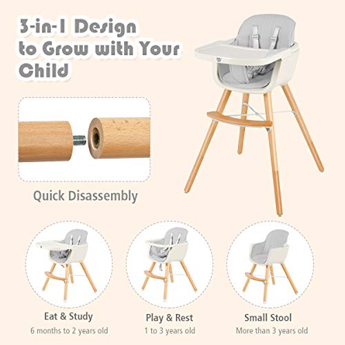 BABY JOY Convertible Baby High Chair, 3 in 1 Wooden Highchair/Booster/Chair with Removable Tray, Adjustable Legs, 5-Point Harness, PU Cushion and Footrest for Baby, Infants, Toddlers (Gray)