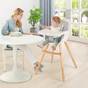 BABY JOY Convertible Baby High Chair, 3 in 1 Wooden Highchair/Booster/Chair with Removable Tray, Adjustable Legs, 5-Point Harness, PU Cushion and Footrest for Baby, Infants, Toddlers (Gray)