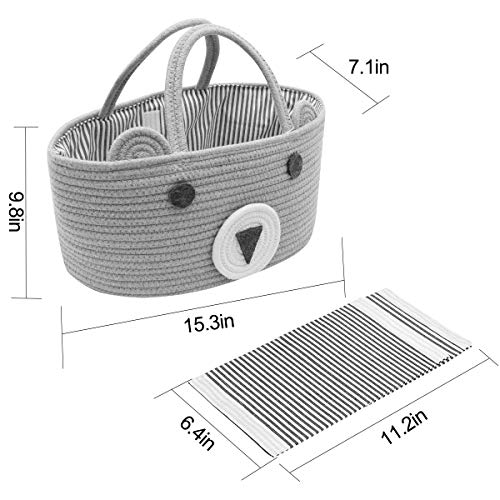 Conthfut Baby Diaper Caddy Organizer 100% Cotton Canvas Stylish Rope Nursery Storage Bin Portable Tote Bag & Car Organizer For Changing Table- Top Baby Shower Basket (Gray)