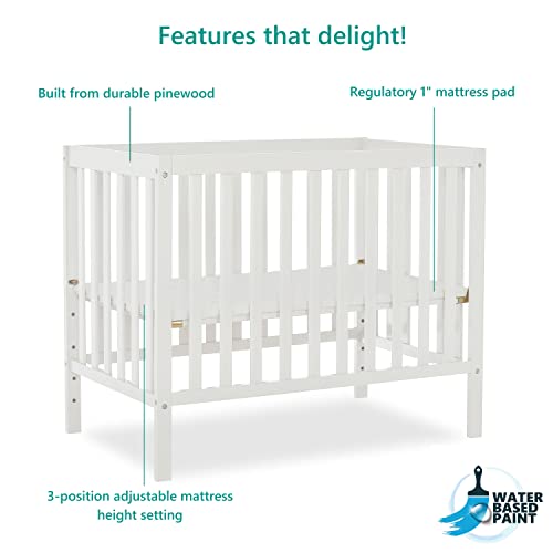 Dream On Me Edgewood 4-In-1 Convertible Mini Crib In White, JPMA Certified, Non-Toxic Finish, New Zealand Pinewood, With 3 Mattress Height Settings, Included 1" Mattress Pad