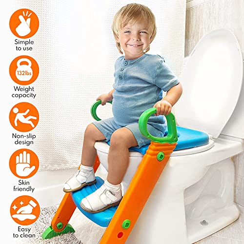 Potty Training Seat Toilet w/Step Stool Ladder & Splash Guard, Kids Toddlers Trainer w/Handles. Sturdy & Foldable. Non-Slip Steps & Anti Slip Pads. Adjustable Potty Chair - Boys Girls Baby (Blue)