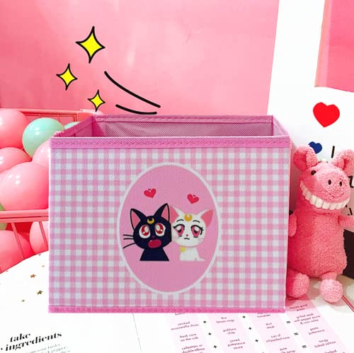 Kerr's Choice Collapsible Cube Storage Box Pink Desk Decorative Boxes Desk Baskets Animie Moon Makeup Holder Organizer with Badge Holder Keychain