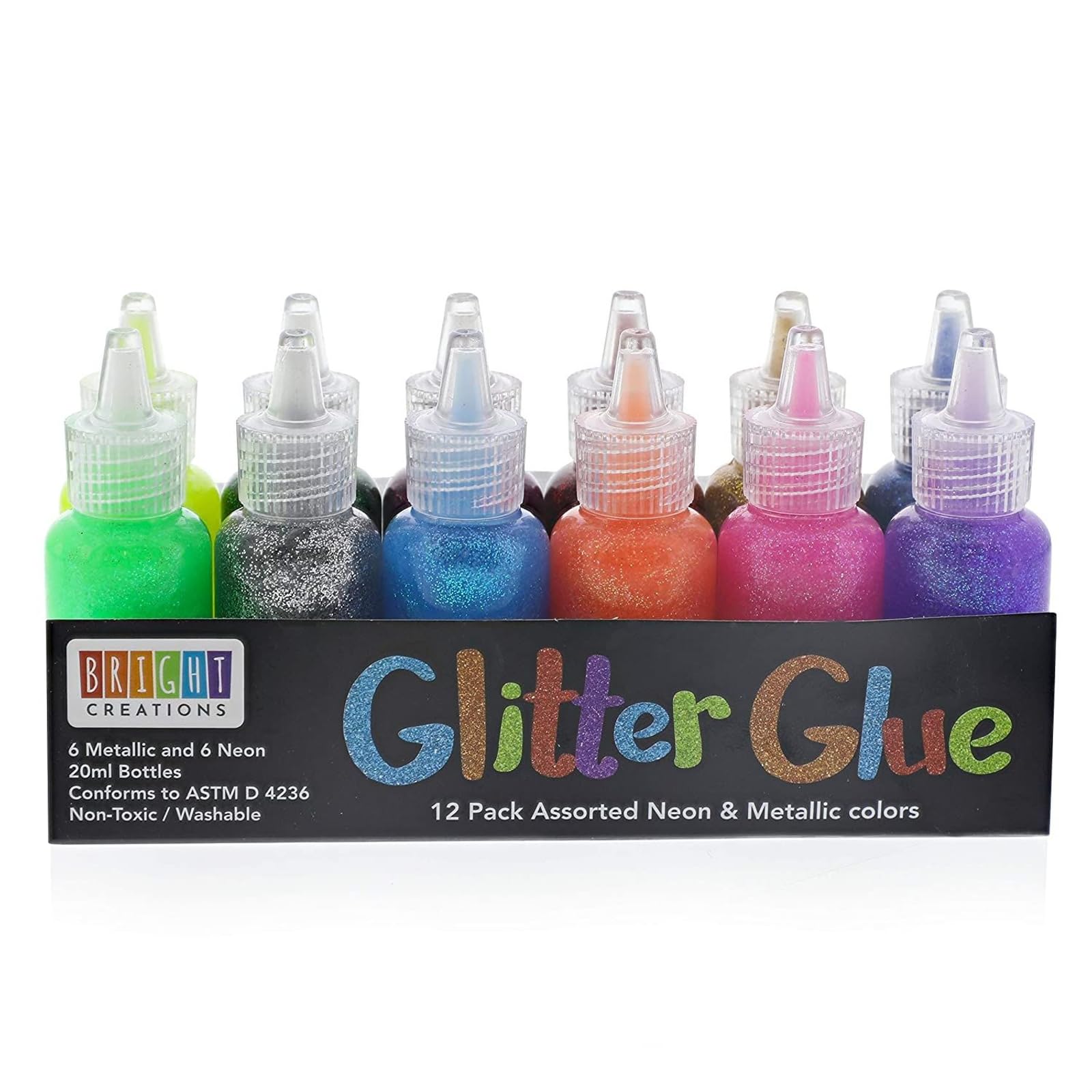 Neon Metallic Glue with Glitter Bottles for Arts and Crafts (20 ml, 12 Pack)