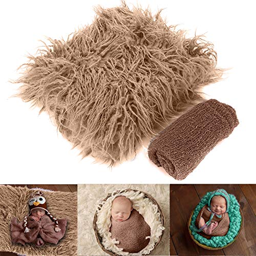 Yuehuam Newborn Baby Photo Props, Fluffy Blanket+ Ripple Wrap Set Toddler Photography Wrap Mat DIY Baby Photoshoot- Khaki