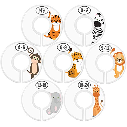 Baby Closet Size Dividers - 7X Safari Nursery Closet Dividers for Baby Clothes - Elephant Giraffe Zebra Lion Monkey Cheetah Nursery Decor - Baby Closet Dividers for Boy or Girl - [Safari] [White]